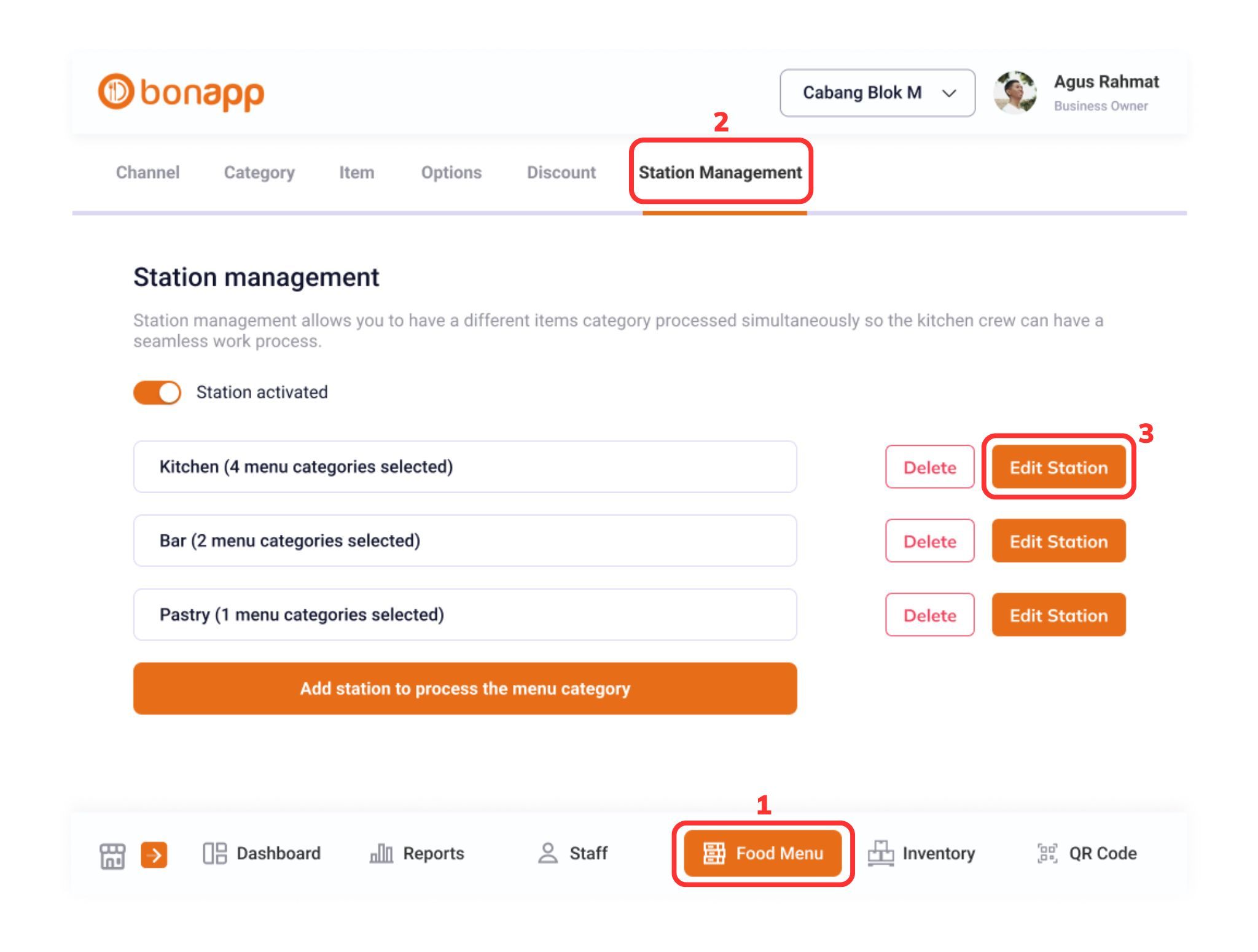 Pilih “Food Menu (1)” > “Station Management (2)” > “Edit Station (3)”